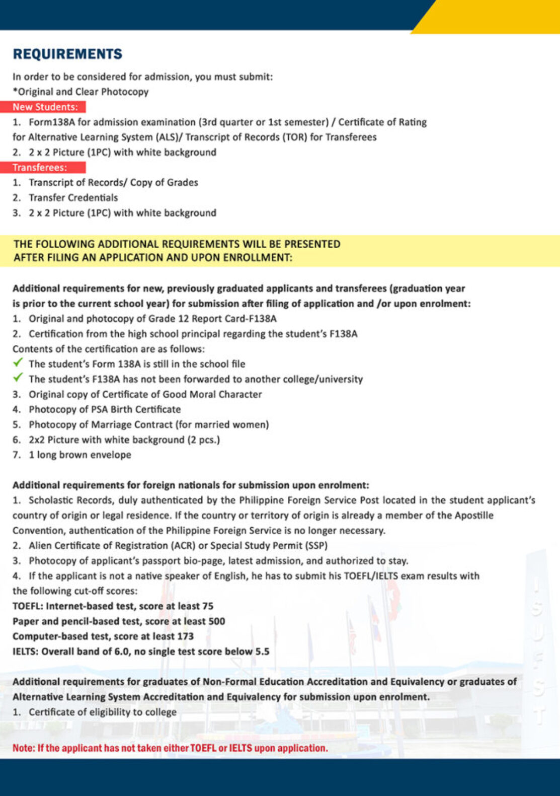 Admission Requirements – ISUFST